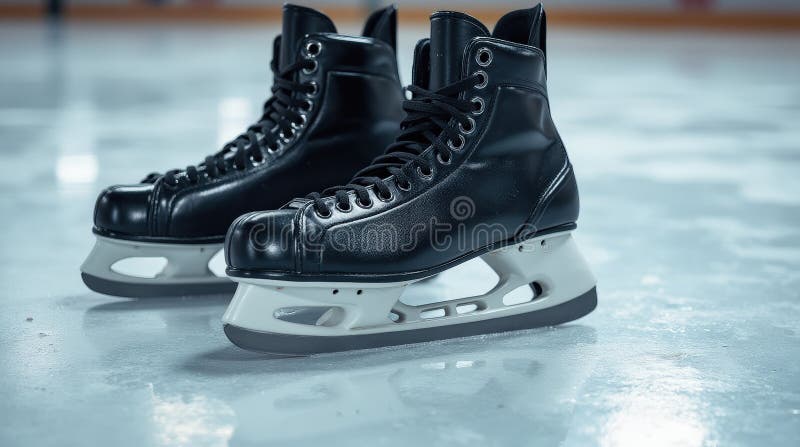 Black Ice Skates Positioned on a Smooth Ice Rink Surface Indoors Stock ...