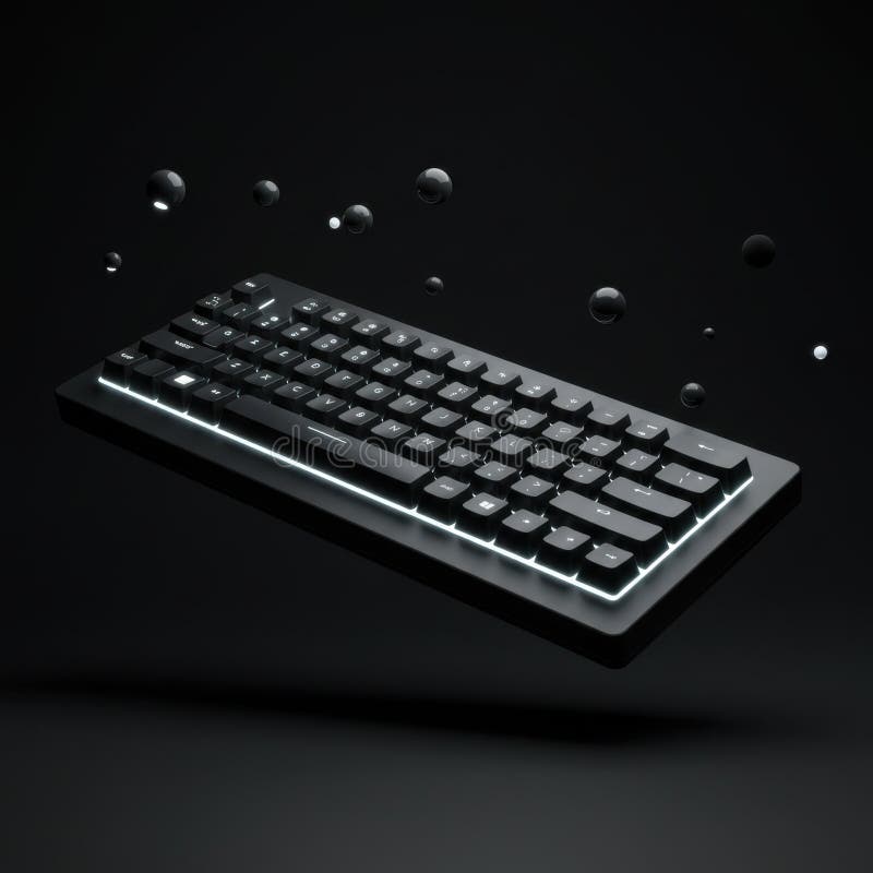 Black Illuminated Keyboard with Floating Spheres on Dark Background ...