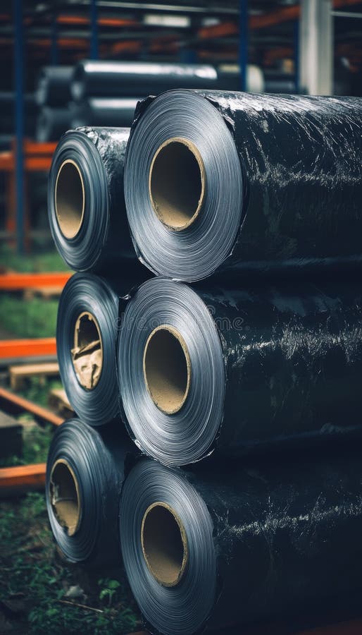 Black Industrial Membrane Roll. Stack of Roofing, Building, or ...