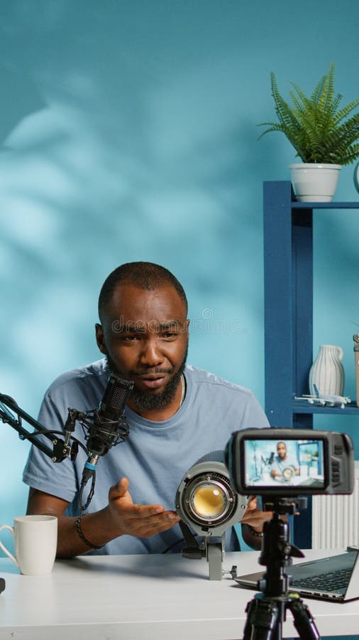 Black Influencer Talking about Studio Light for Vlog Review Stock Image ...