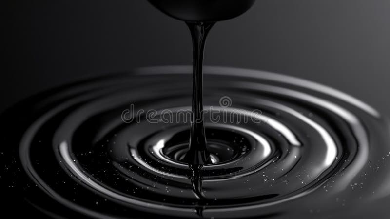 A Black Ink Bottle with a Glossy Finish and a Spill on a Dark ...