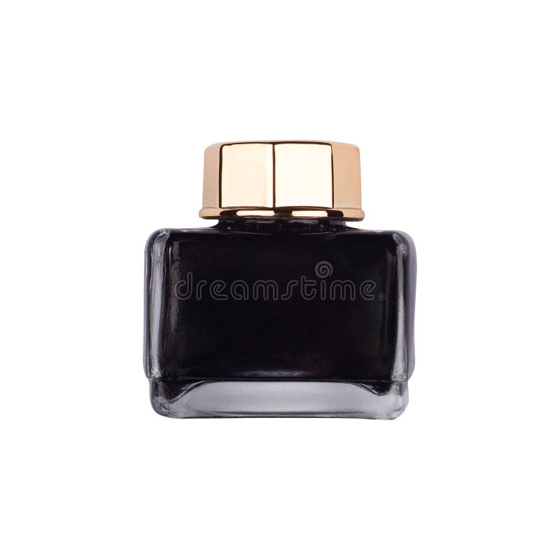 Black Ink Bottle with Golden Cap Isolated on White Stock Image - Image ...