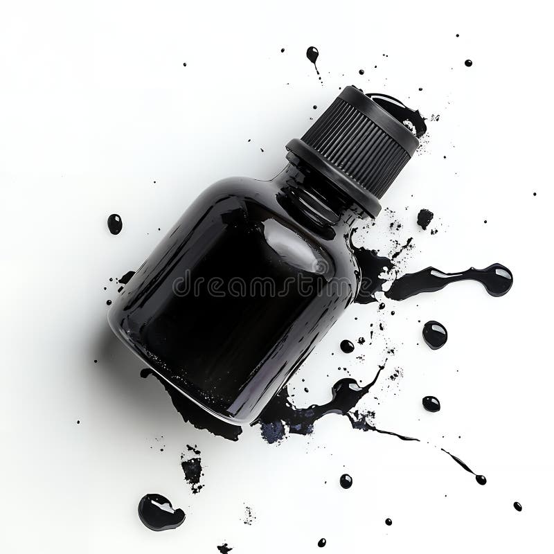 Black Ink Bottle Spilled on White Background Artistic Messy Design ...