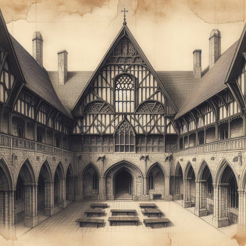 Gothic Hospital Plan with Covered Walkways Stock Illustration ...