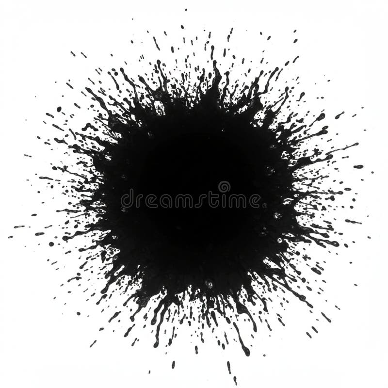 A Black Ink Splatter with a Circular Center and Radiating Splashes of ...
