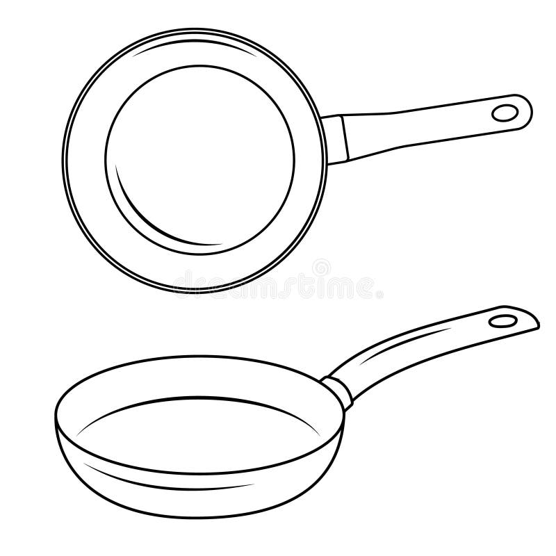 Black Insulated Frying Pan with Handle, Black Contour in Doodle Style ...