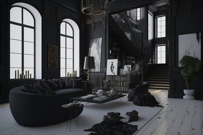 Black Living Room Interior Design. Generative Ai Stock Illustration ...