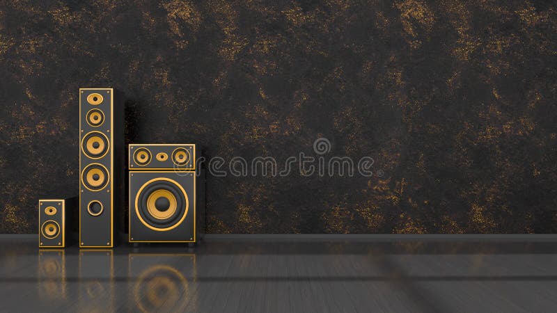 Black Interior with Modern Design Black and Yellow Speaker System Stock ...