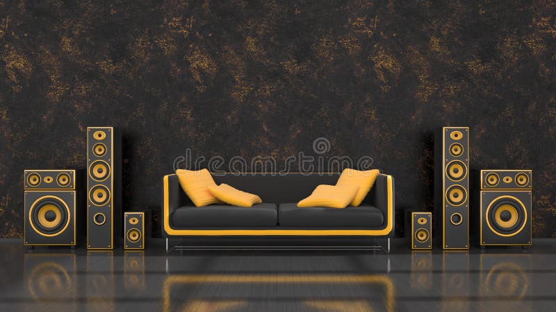 Black Interior with Modern Design Black and Yellow Speaker System and ...