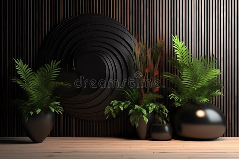 3d Mock-Up of Wood Wall Panel and Plant Decor in a Black Interior ...