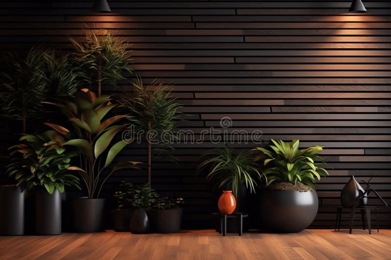 3d Mock-Up of Wood Wall Panel and Plant Decor in a Black Interior ...