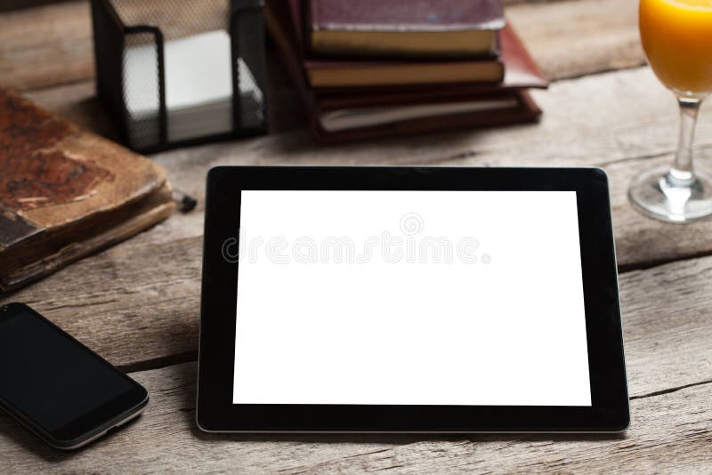 Computer Ipad Style and Smart Phone with Isolated Screens on Old Wooden ...