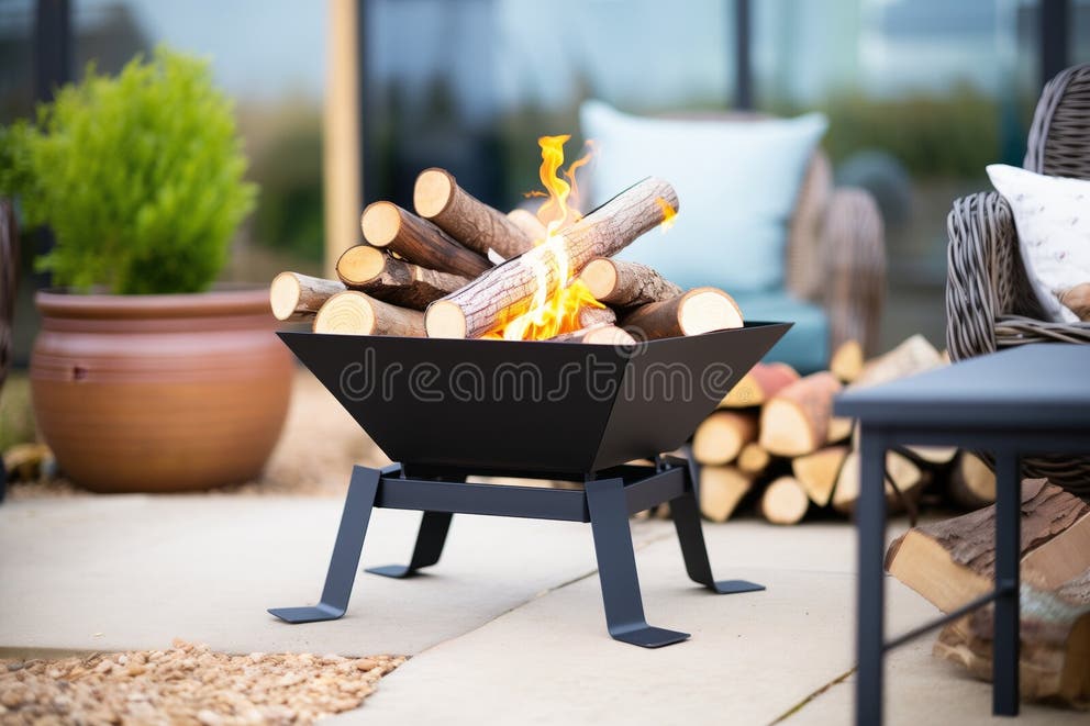 Black Iron Fire Pit with Stack of Logs Ready for Burning Stock Image ...