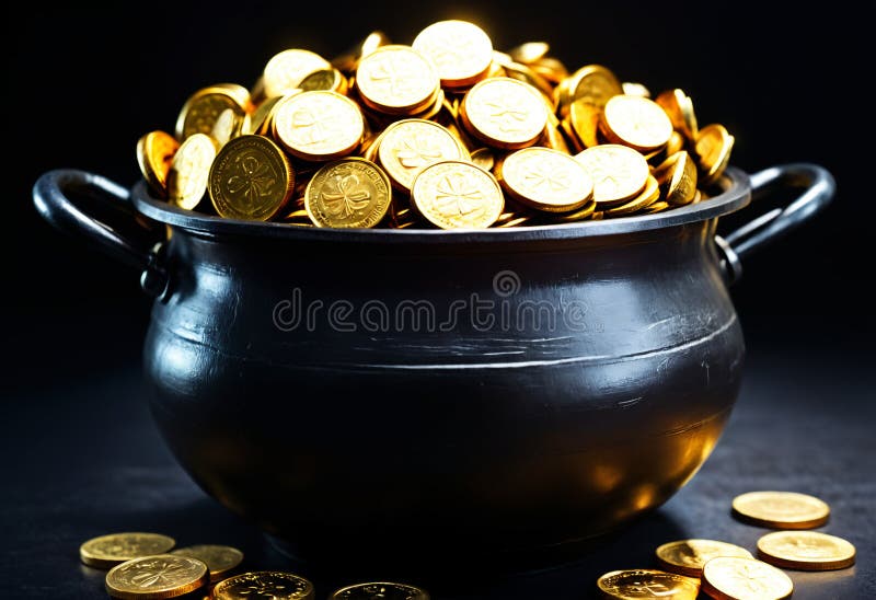 Black Iron Pot Filled with Gold Coins. Generative AI Stock Photo ...