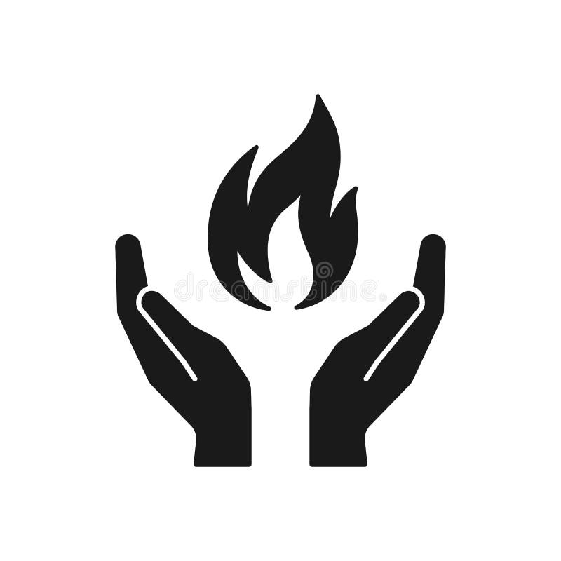 Isolated Black Outline Icon of Flame in Hands on White Background. Line ...
