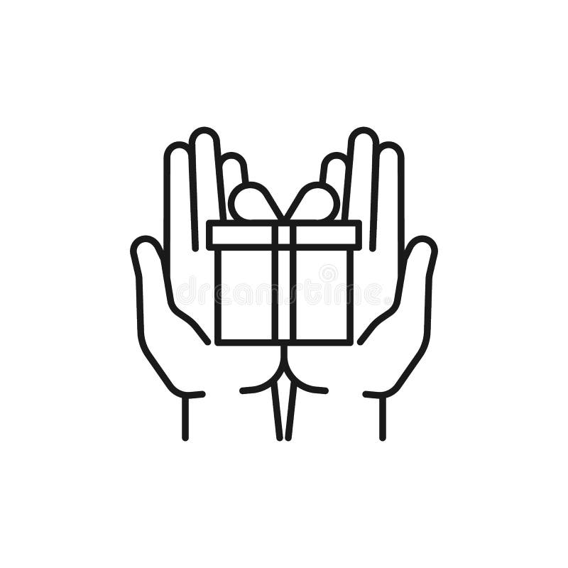 Black Isolated Outline Icon Of Gift Box In Hands On White Background ...