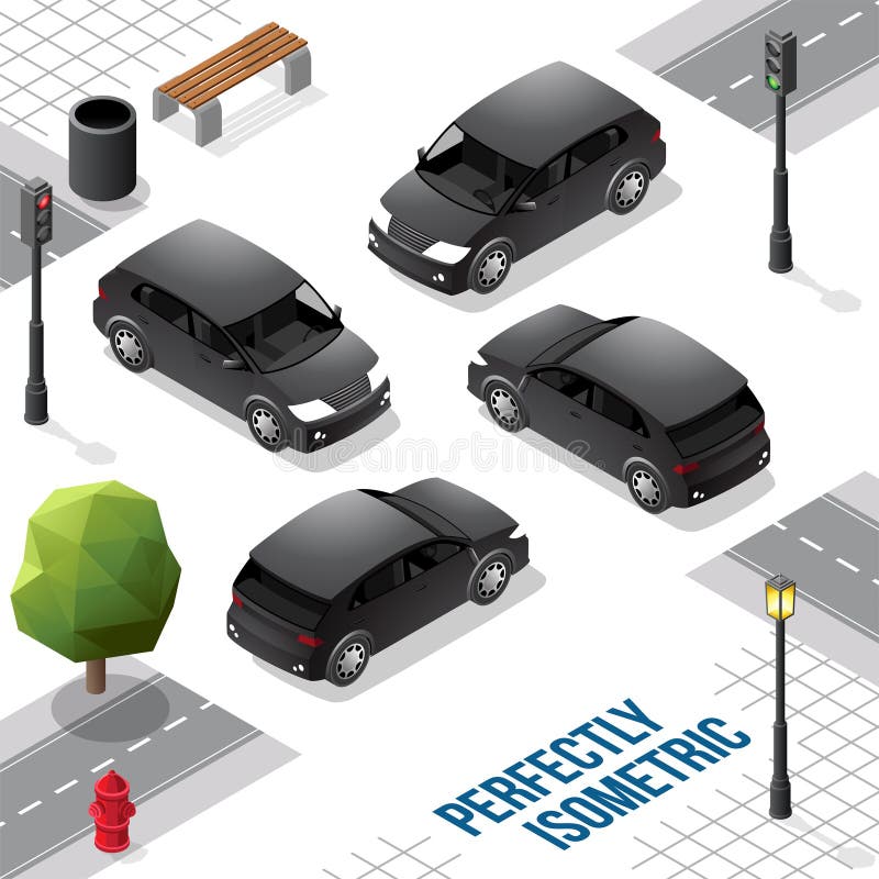 Black Isometric Hatchback Car from Front Back Right and Left Stock ...