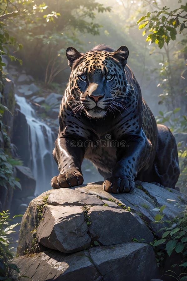 Black jaguar on a rock stock illustration. Illustration of habitat ...