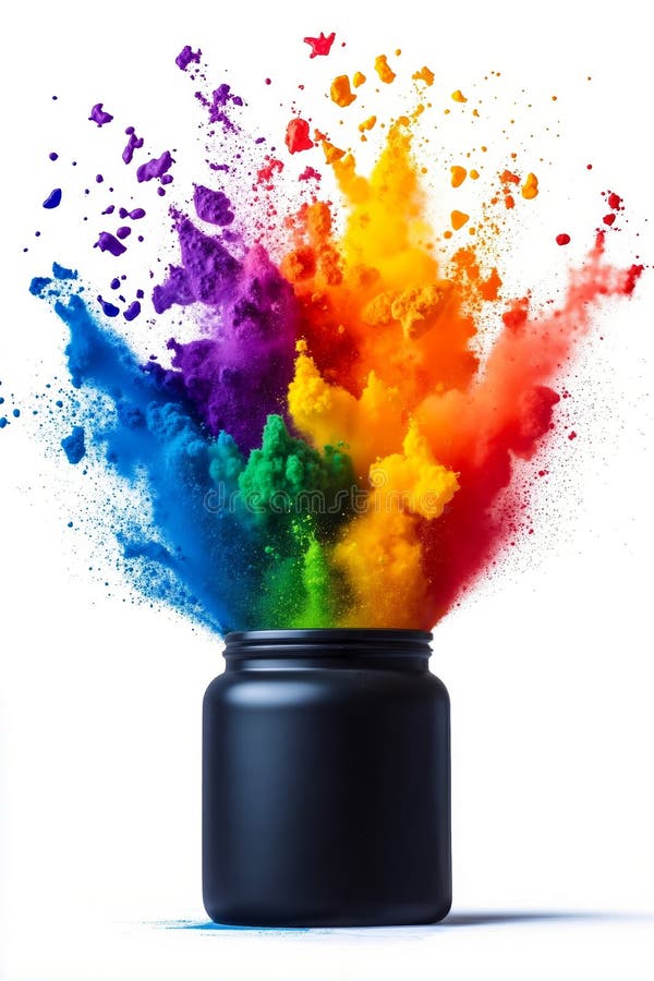 A Black Jar Filled with Colorful Powder Exploding Out of it Stock Image ...