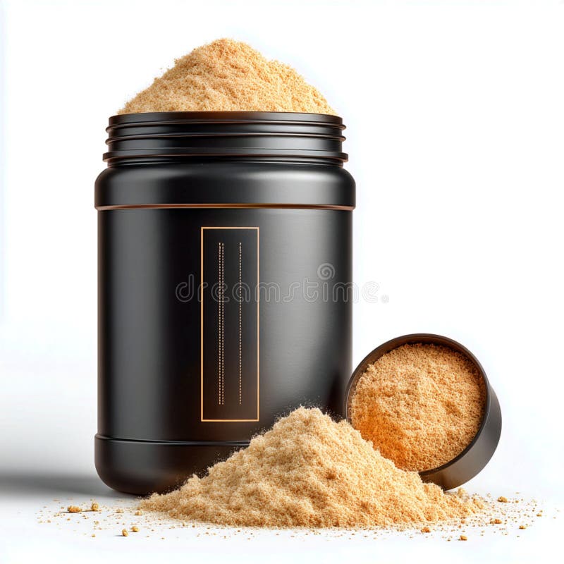Black Jar with Protein Powder Spilling Out on White Surface Stock ...