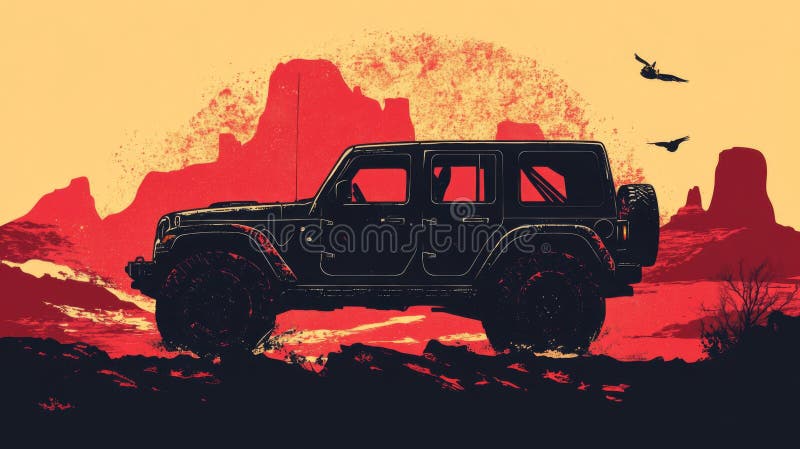 Black Jeep Silhouette at Desert Sunset Stock Illustration ...