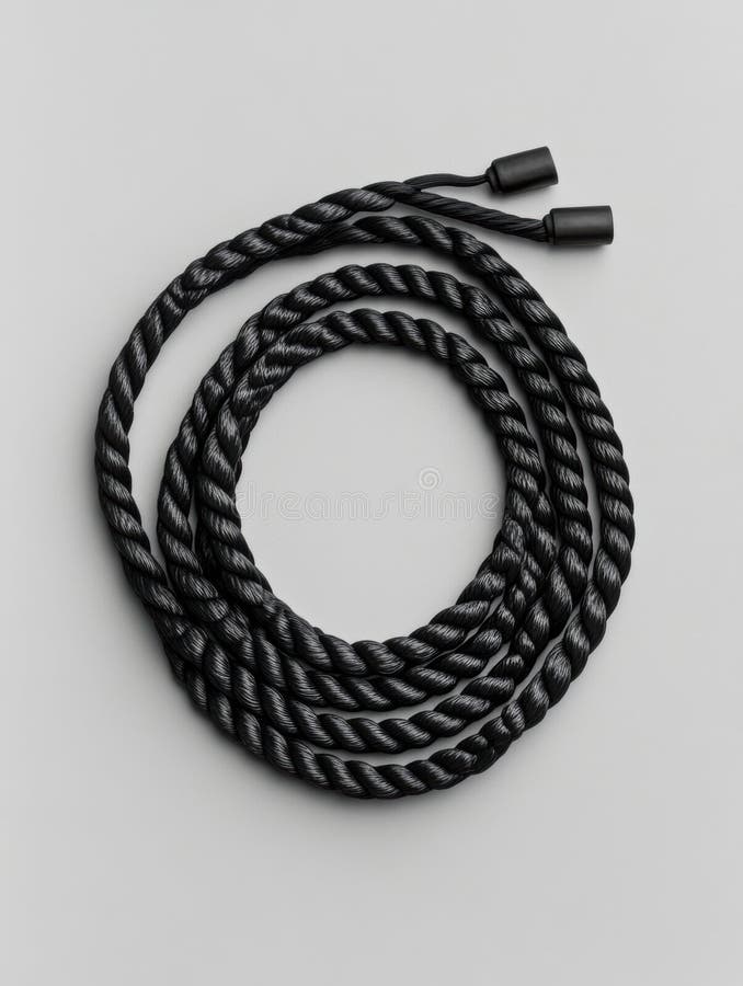Black Jump Rope Coiled Neatly on a Smooth Grey Background in a ...