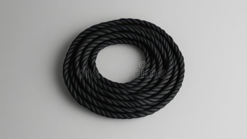 Black Jump Rope Coiled Neatly on a Smooth Grey Surface with Minimalist ...