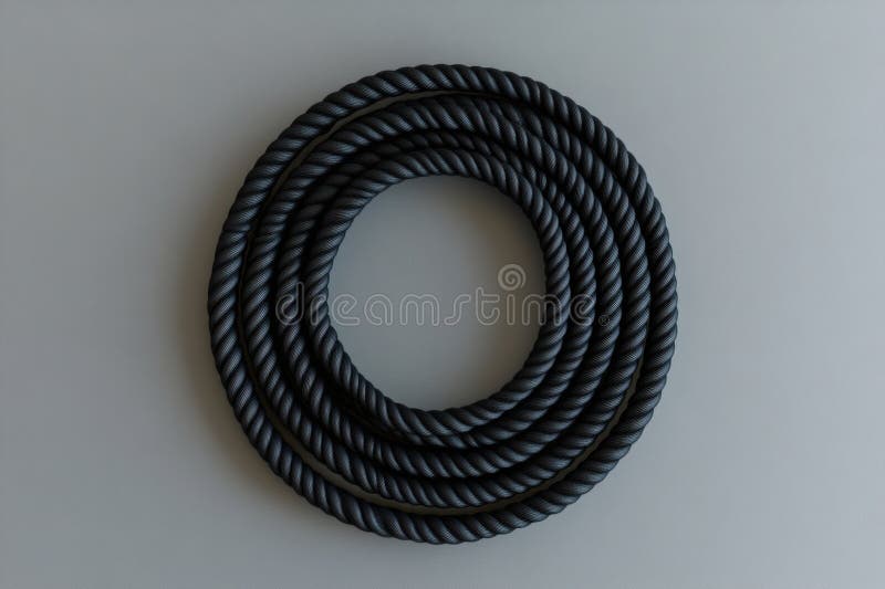 Black Jump Rope Coiled Neatly in Spiral on Smooth Grey Background with ...