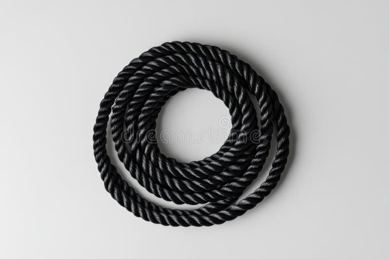 Black Jump Rope Coiled Neatly in a Spiral on a Smooth Grey Surface with ...