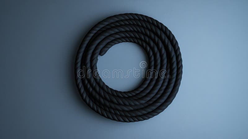 Black Jump Rope Coiled in a Spiral on Smooth Grey Background Featuring ...