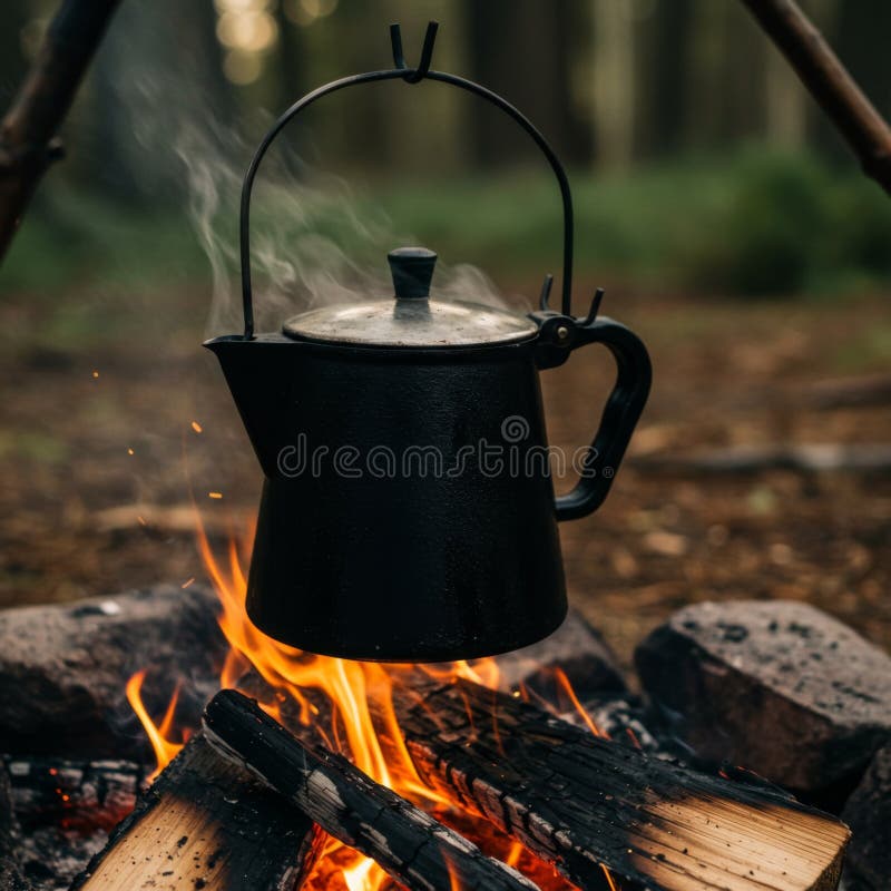 Black Kettle Boiling Over Campfire in Forest Stock Illustration ...