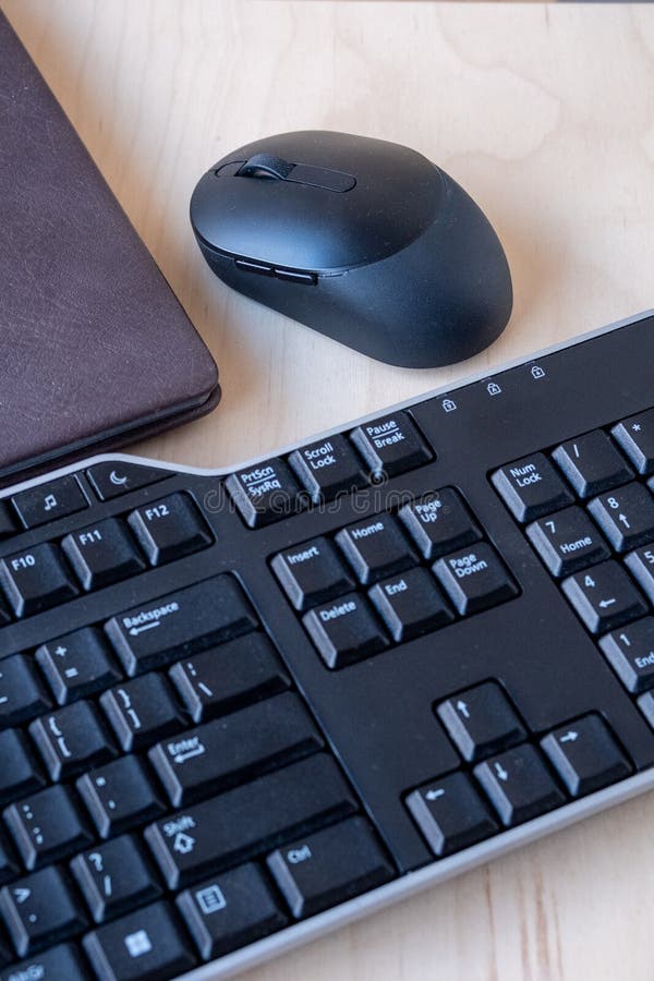 Black Keyboard Brown Leather Notepad Mouse Light Wooden Background ...