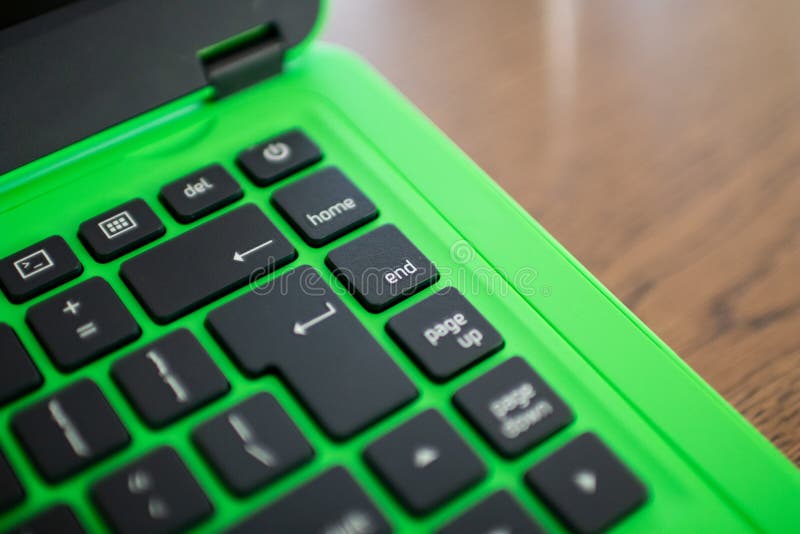 Black Keyboard on a Green Laptop. Keys with Letters and Numbers. Detail ...