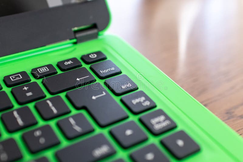 Black Keyboard on a Green Laptop. Keys with Letters and Numbers. Detail ...