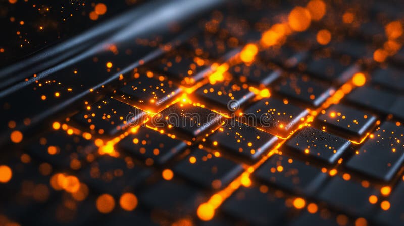 A Black Keyboard with Orange Sparks on it. the Keyboard is Lit Up and ...