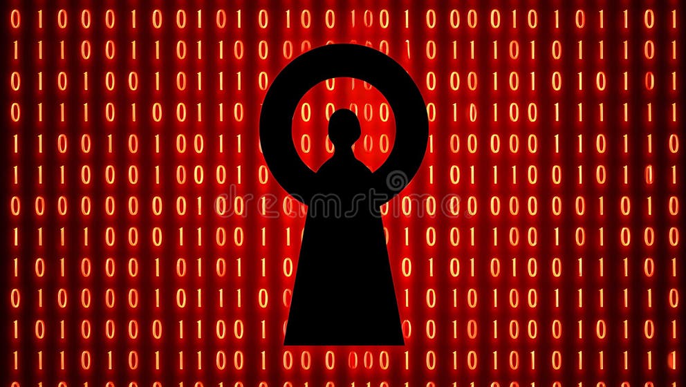 Black Keyhole Silhouette Revealing Binary Code on Red Background Stock ...