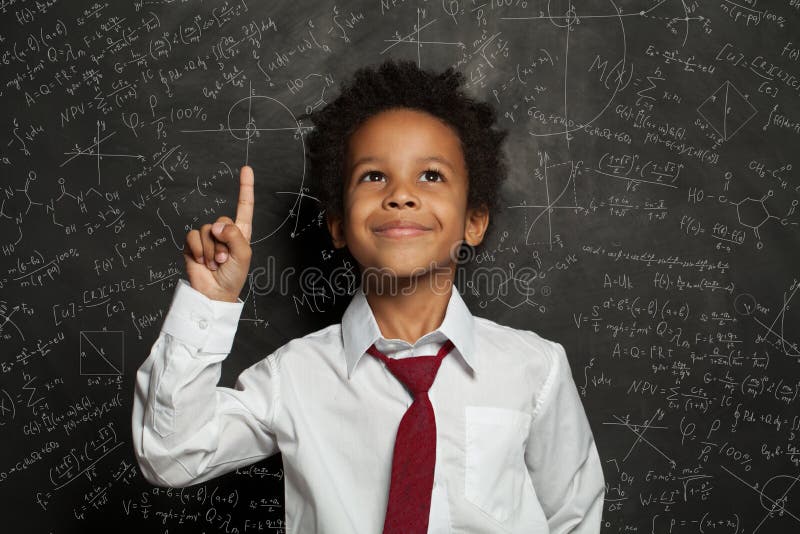 Black Kid Student Pointing at Science Formulas on Chalkboard Stock ...