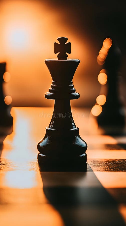 Black King Chess Piece Standing on Chessboard at Sunset Stock Image ...