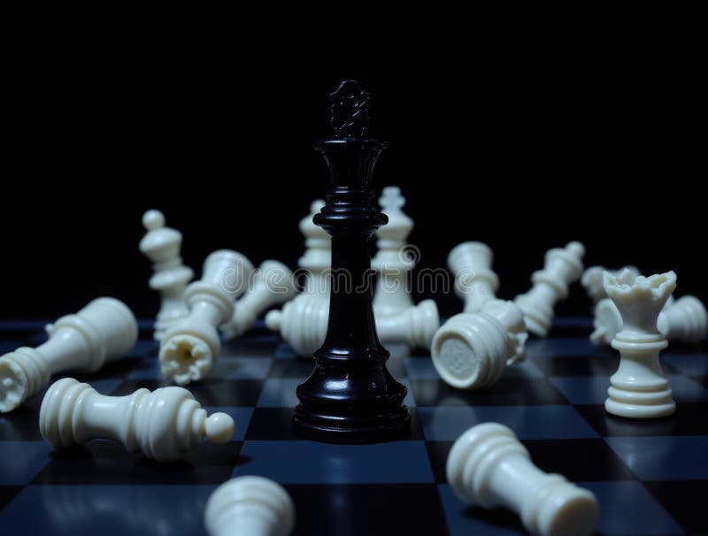 Black King Stands Victorious Amid Fallen White Chess Pieces on Board ...