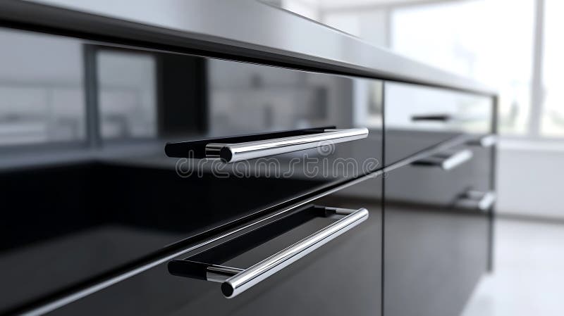 The Black Kitchen Cabinet Has a Shiny Finish and a Silver Handle Stock ...