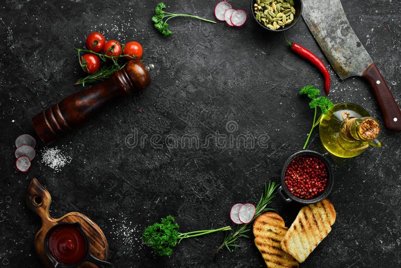 Black Kitchen Cooking Background: Vegetables, Spices and Kitchen ...