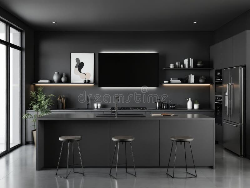 Black Kitchen with a Black Countertop and Black Chairs Stock Image ...