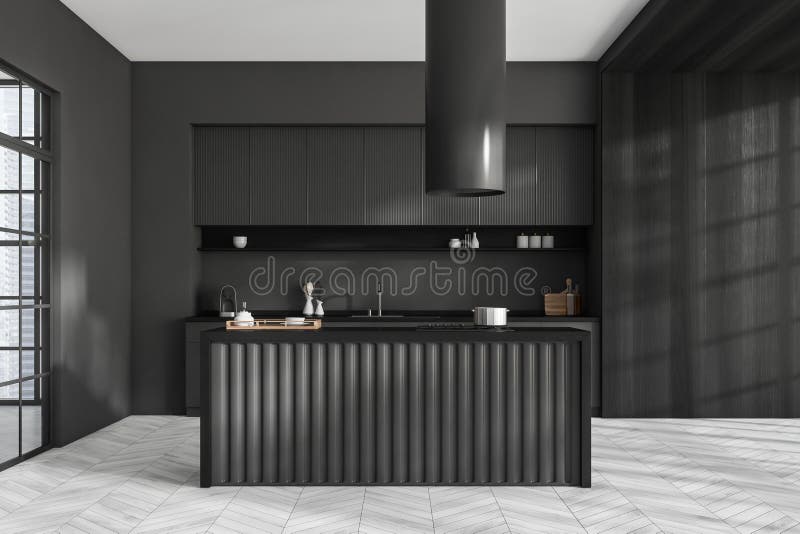 Black Kitchen Interior with Bar Countertop with Hood and Kitchenware ...