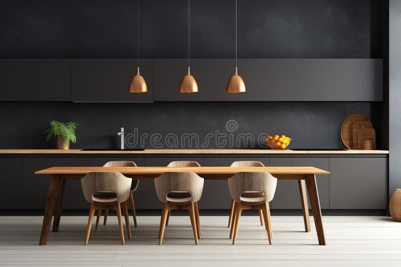 Black Kitchen Interior with Big Table, Minimal Modern Design Stock Photo - Image of modern ...