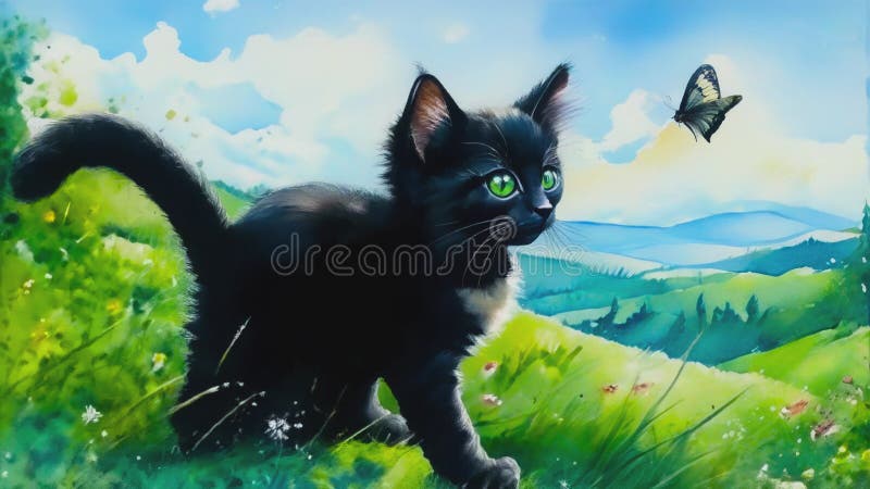 Black Kitten is Playing with a Butterfly in a Green Clearing. Stock ...