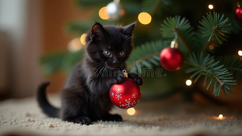 Black Kitten Playing with Red Christmas Ball Under Christmas Tree ...