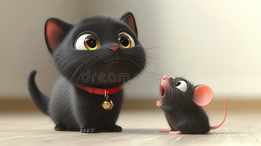 Black Kitten Wearing Red Collar Looking at Small Grey Mouse Stock ...