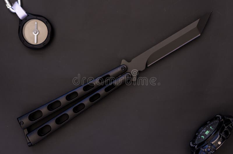Black Knife, Compass and Watch. Military Kit. Stock Photo - Image of ...