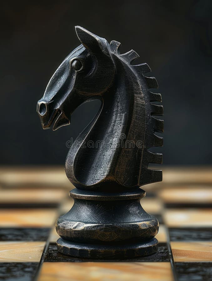 Black Knight Chess Piece on a Chessboard, Close-up View. Stock Photo ...