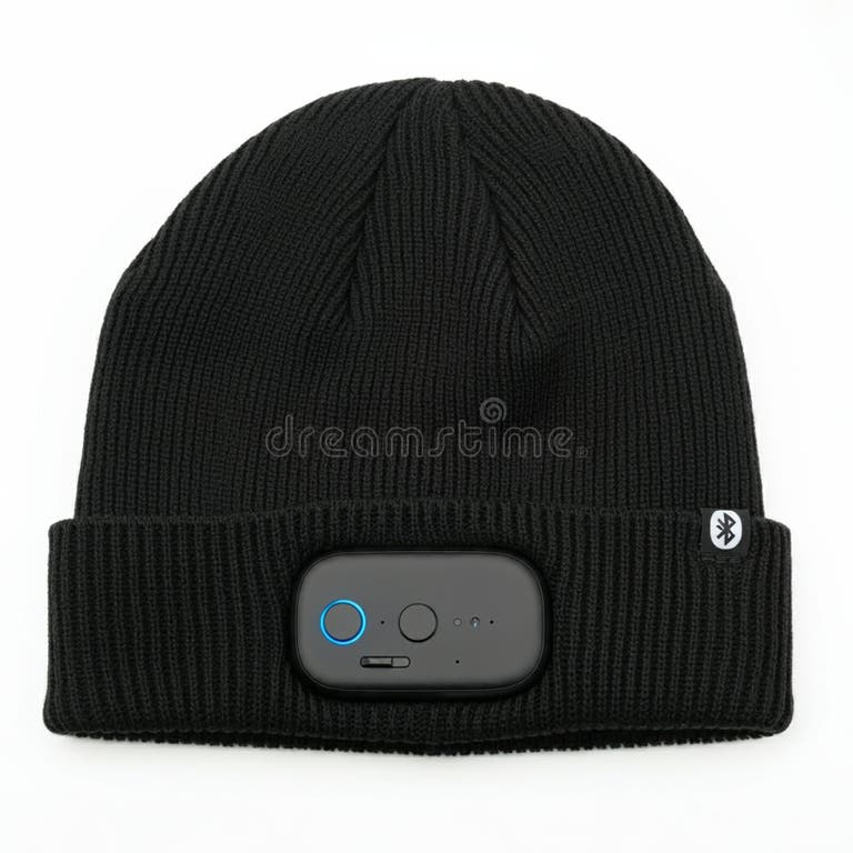 Black Knitted Beanie Featuring a Bluetooth Device Attached To the Front ...
